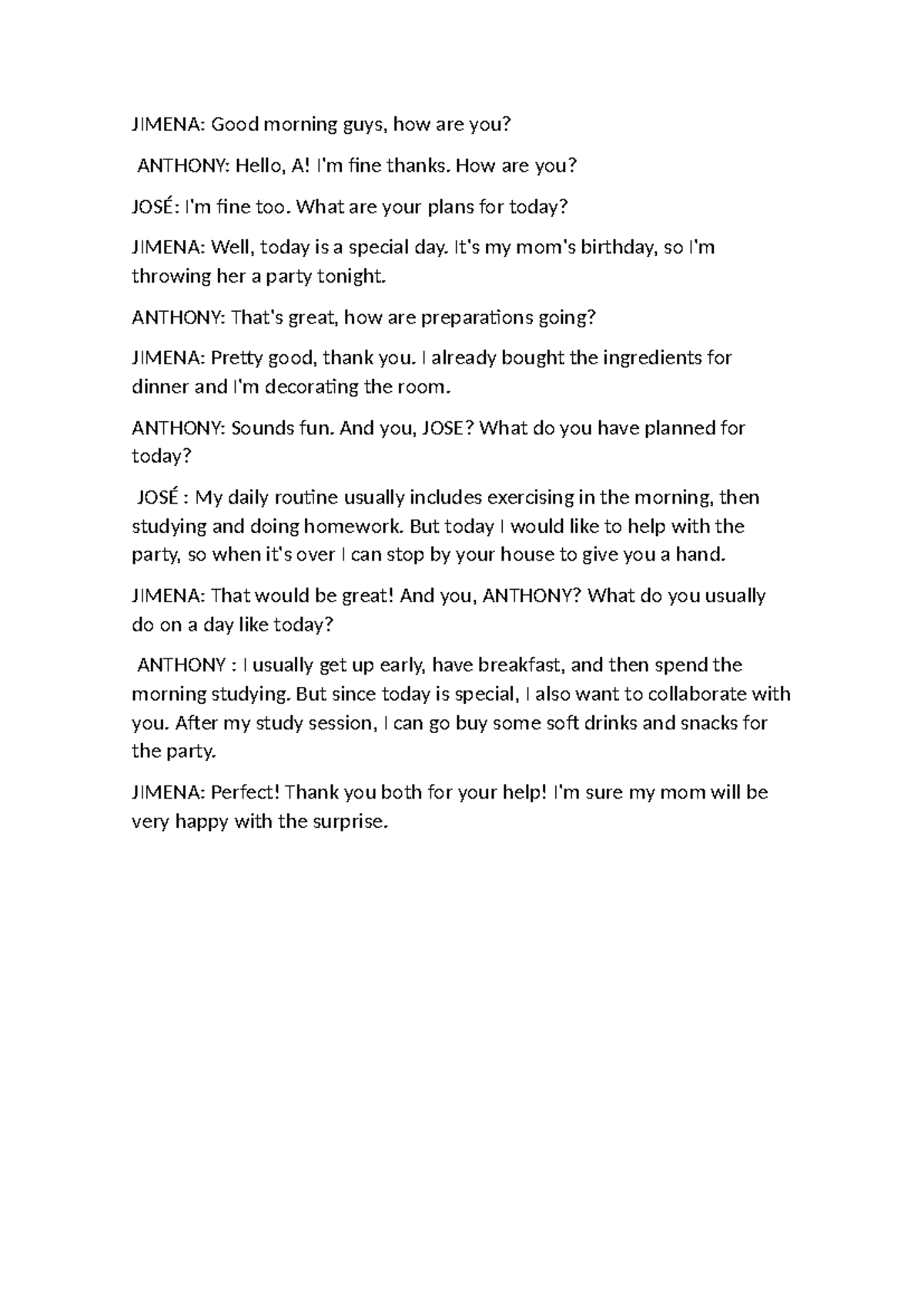 Ingles Dialogo: Prepping for a Birthday Party Conversation - Studocu