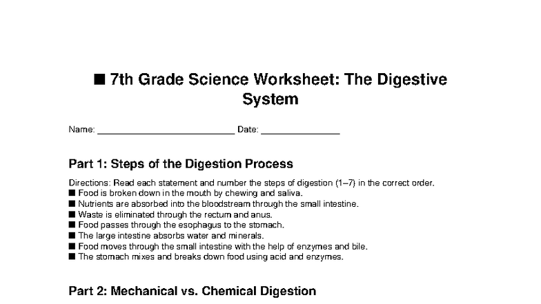 7th Grade Science Worksheet: Understanding the Digestive System - Studocu