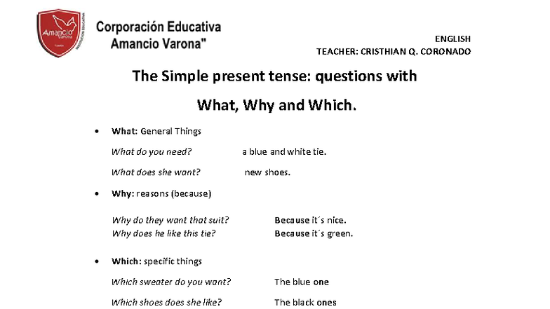 ENGLISH 3: Simple Present Tense Questions & Exercises - Studocu