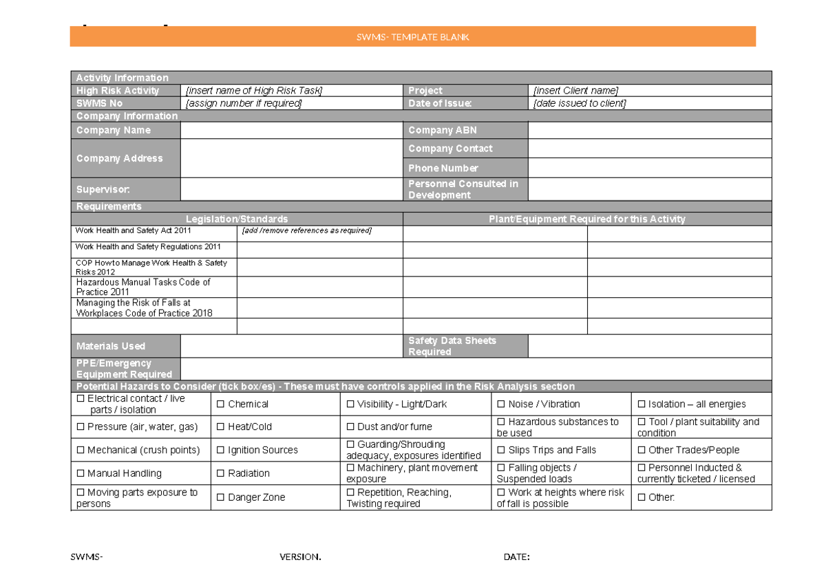 Safe Work Pro Free SWMS Template for High Risk Activities - Studocu