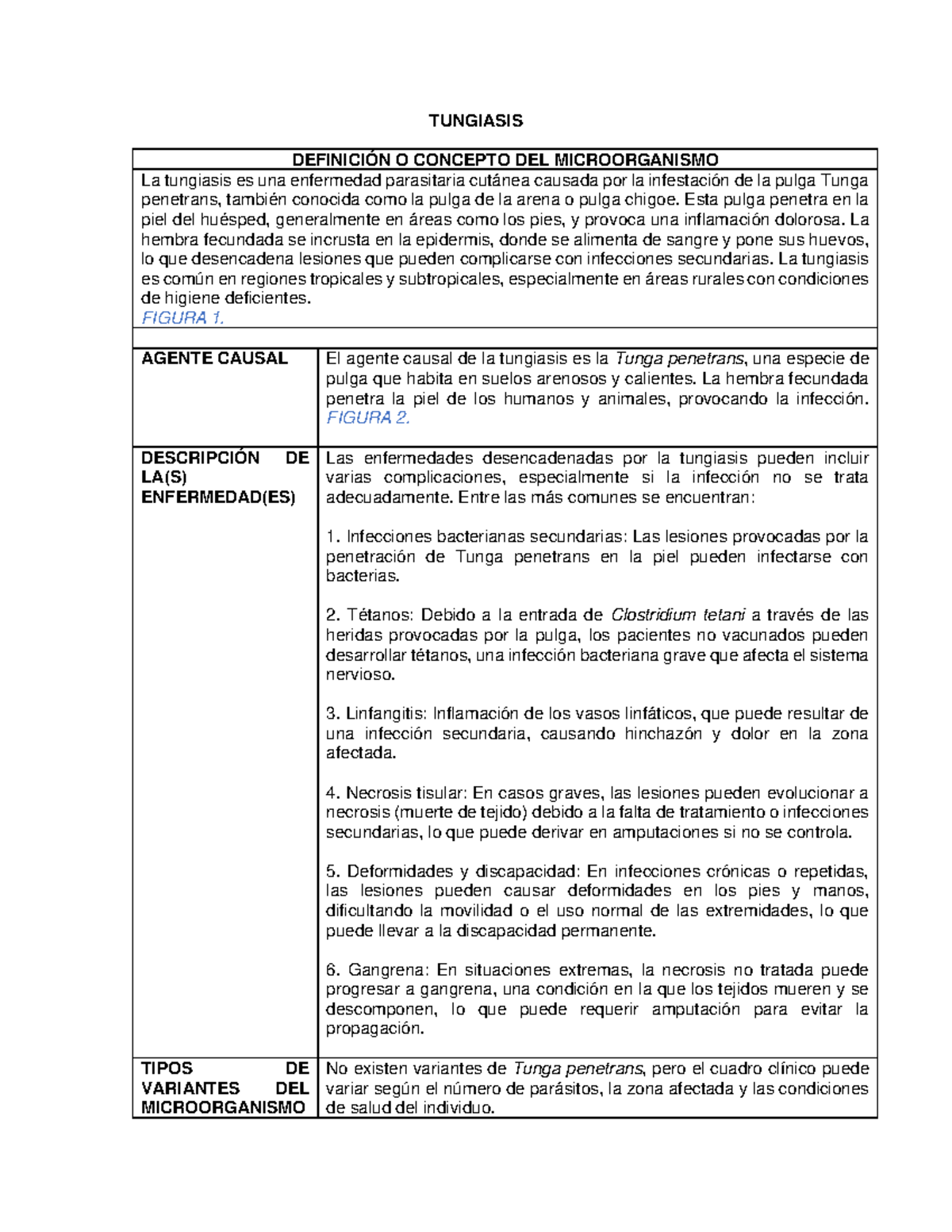 Tabla de Agentes de la Tungiasis (Tunga penetrans) y su Impacto - Studocu
