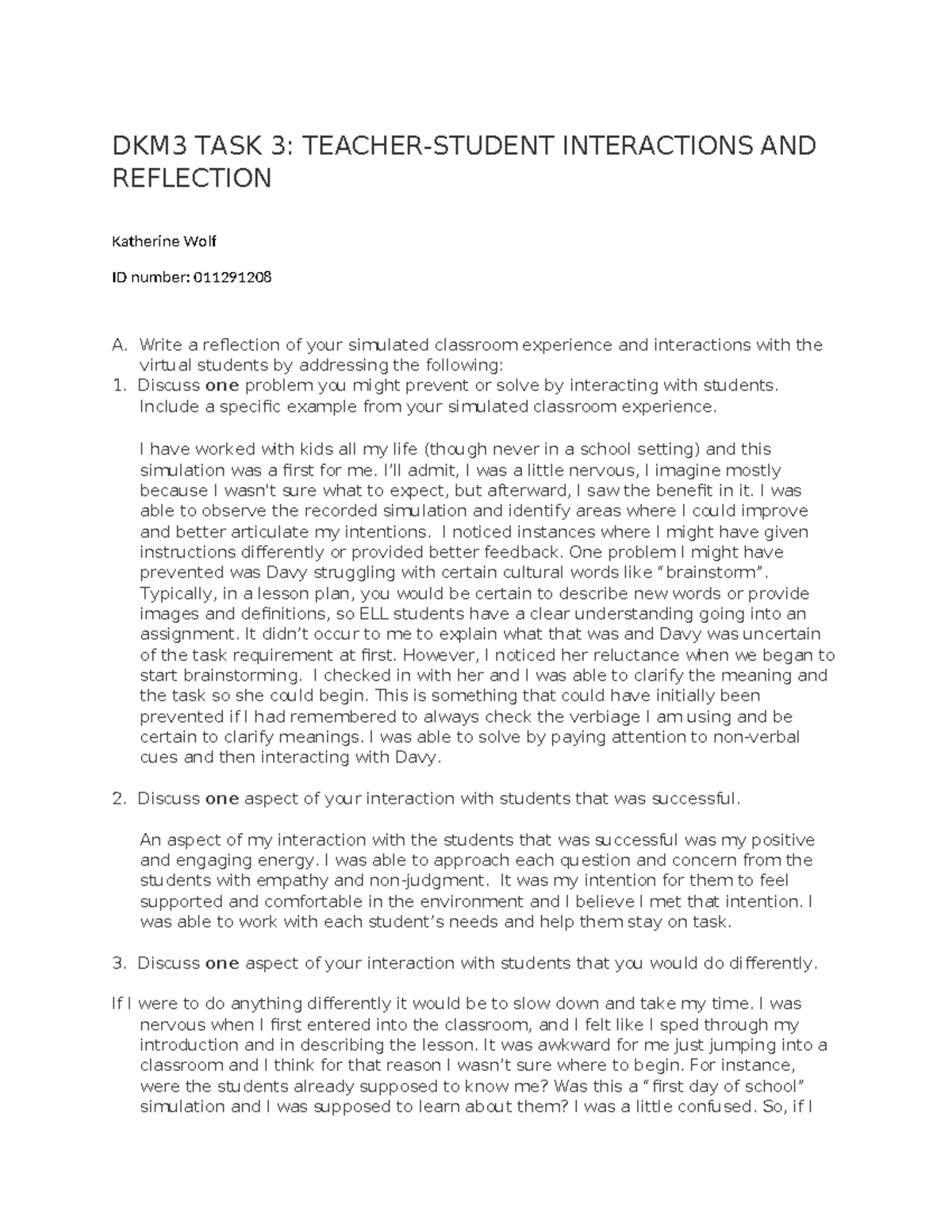 DKM3 TASK 3: Reflection on Teacher-Student Interactions - Studocu