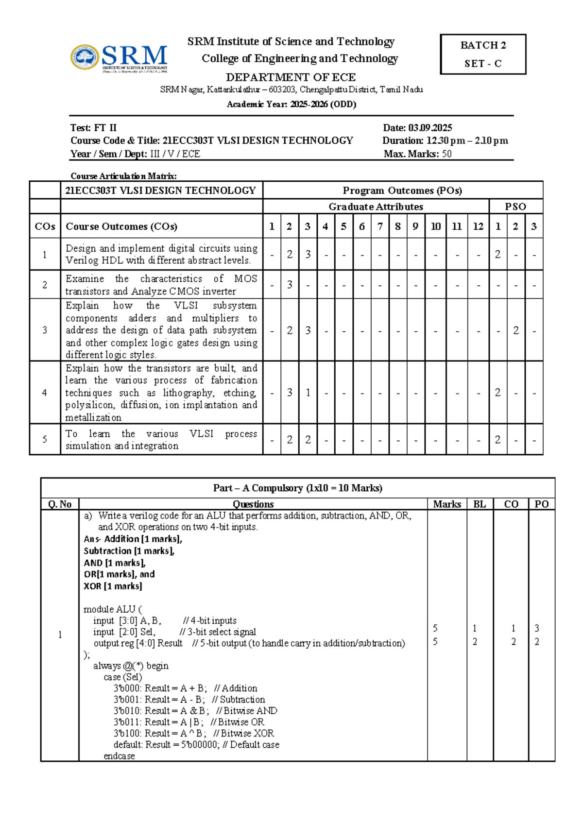 Answer FT II 21ECC303T VLSI Design Technology - Set C Exam Solutions ...
