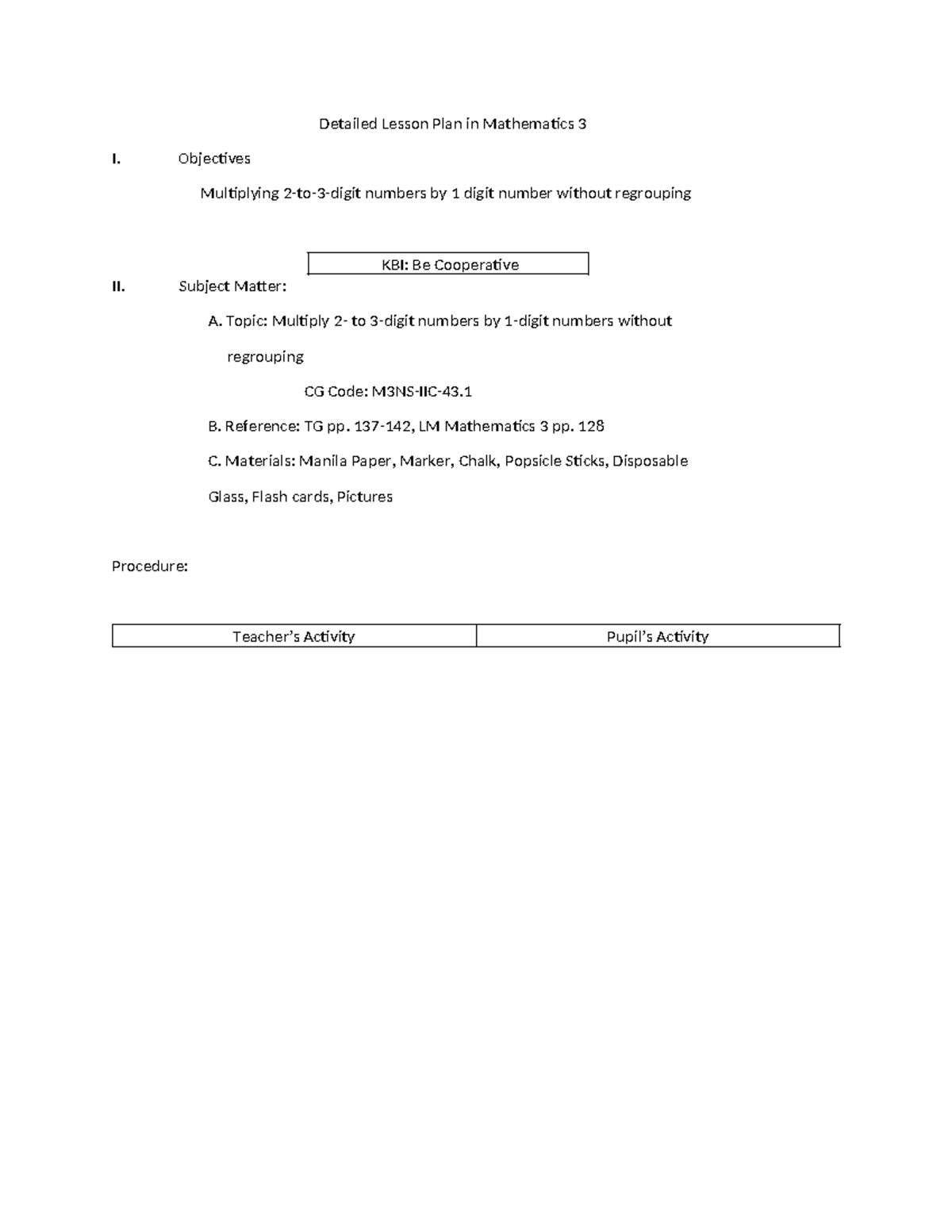 Detailed Lesson Plan in Math 3: Multiplying 2-3 Digit Numbers - Studocu