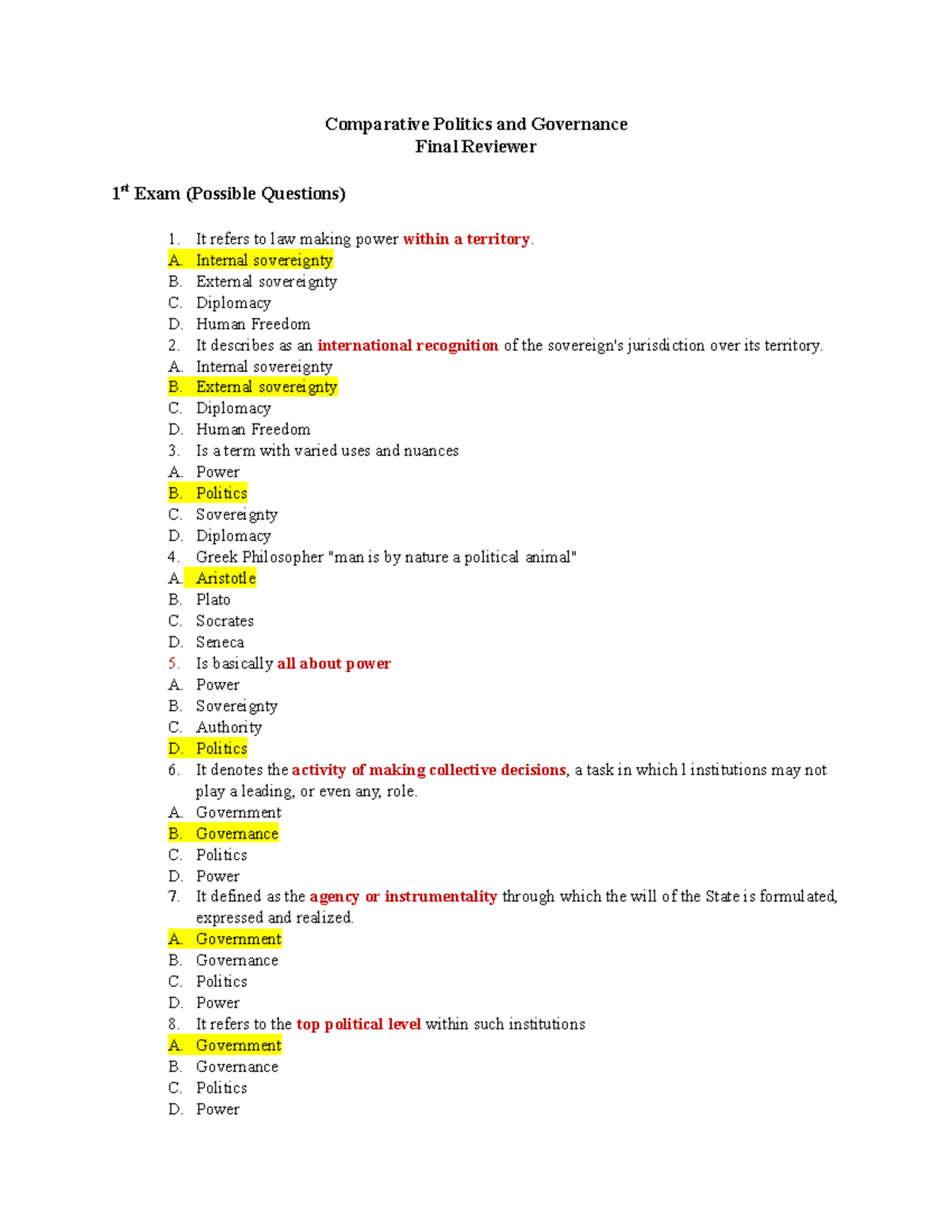 Comparative Politics and Governance Final Exam Reviewer (1st Exam ...