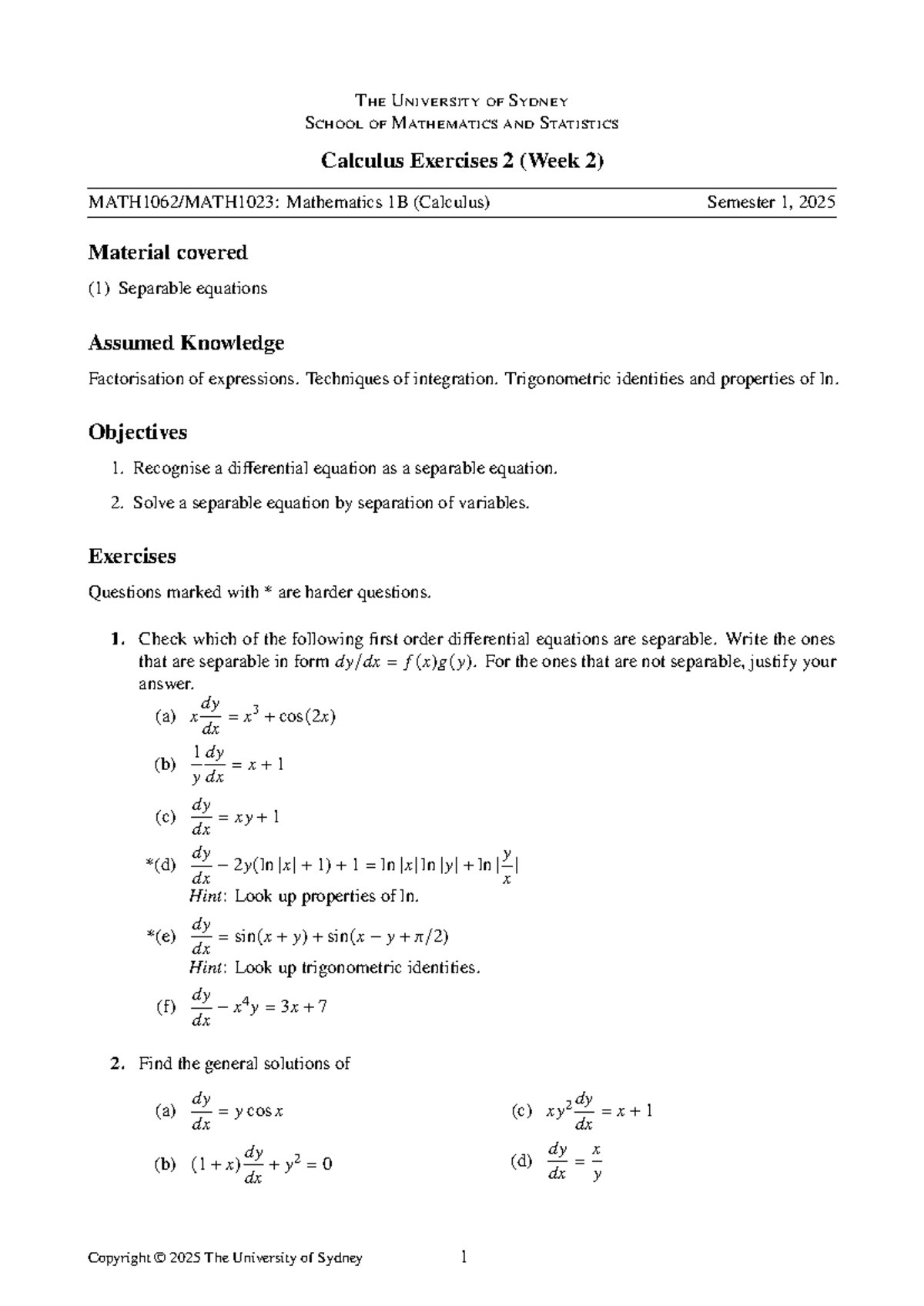 Mathematics 1B (Calculus) Week 2 Exercises: Separable Equations - Studocu