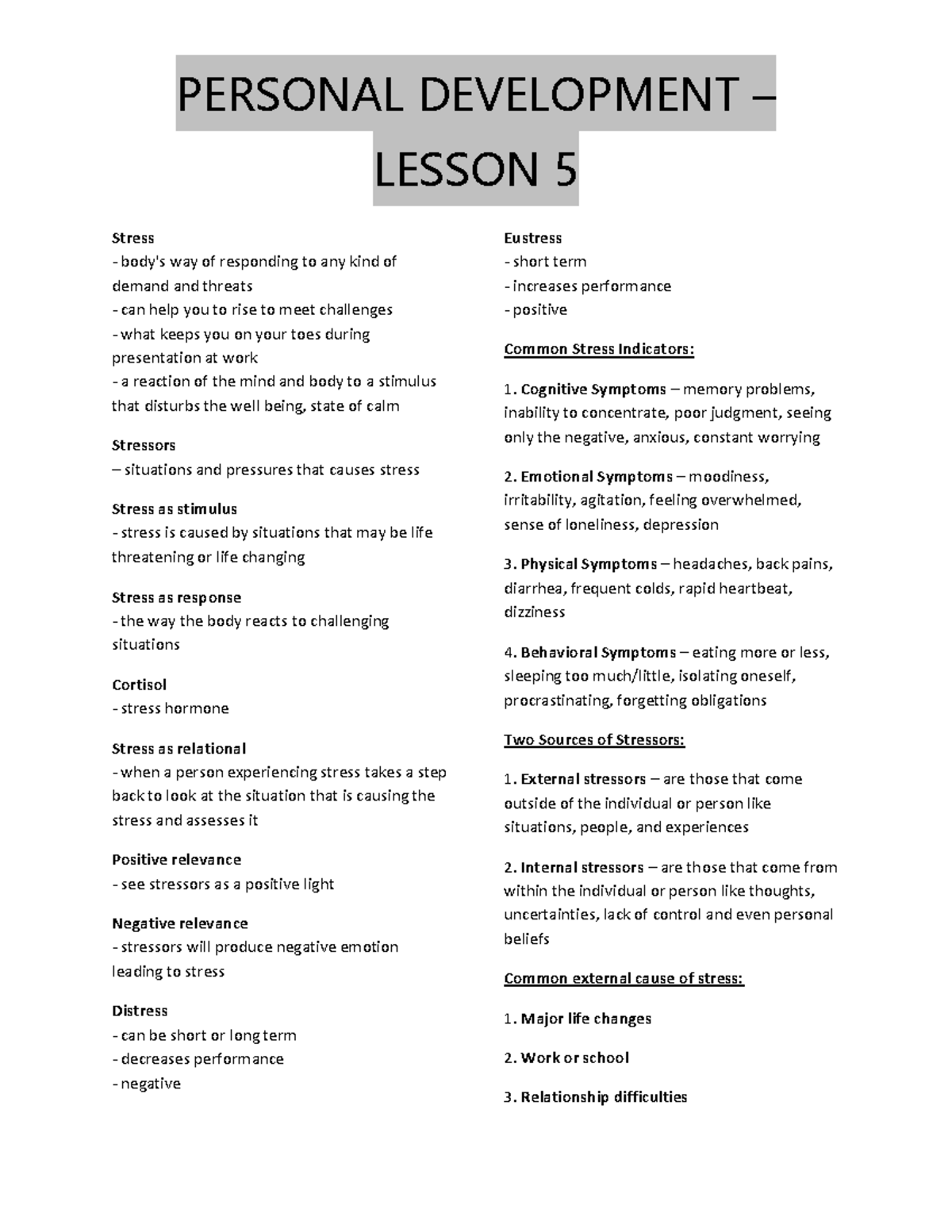 Personal Development 5 - PERSONAL DEVELOPMENT – LESSON 5 Stress body's ...