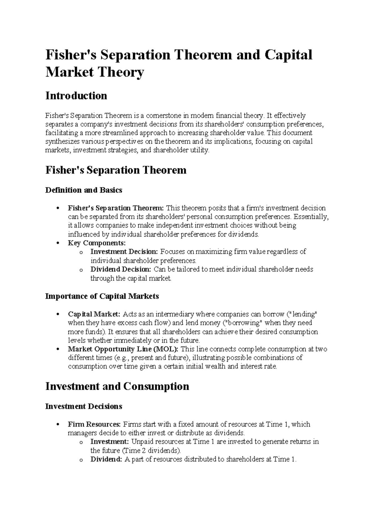 EFB210 Week 1 Reading: Fisher's Separation Theorem & Capital Markets ...