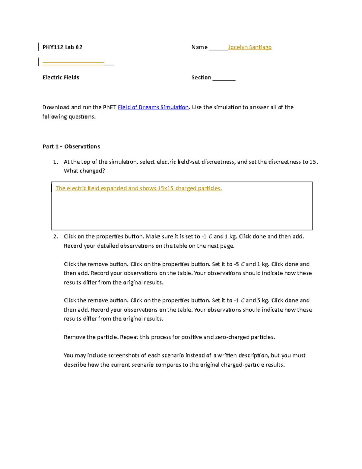 PHY112 Lab 02 - Exploring Electric Fields Through Simulations - Studocu