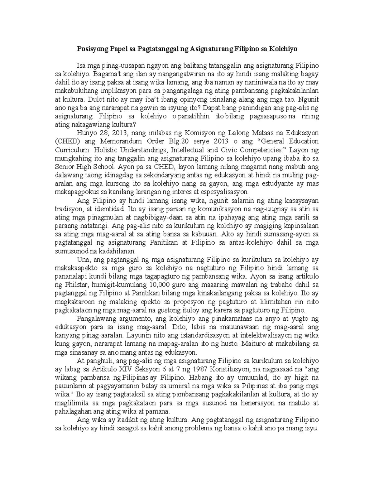 Pagsusuri sa Pagtanggal ng Asignaturang Filipino sa Kolehiyo: Isang ...