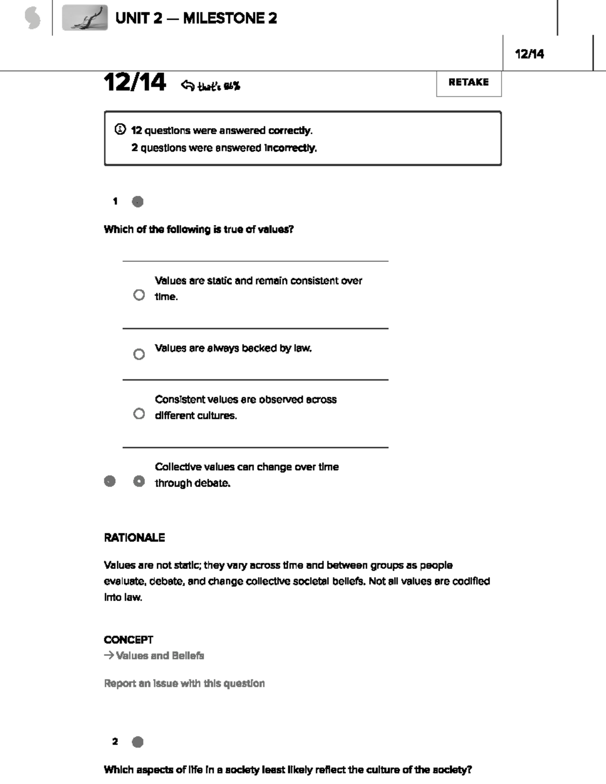 Unit 2 Milestone 2 Retake: Values, Culture, and Socialization Concepts ...