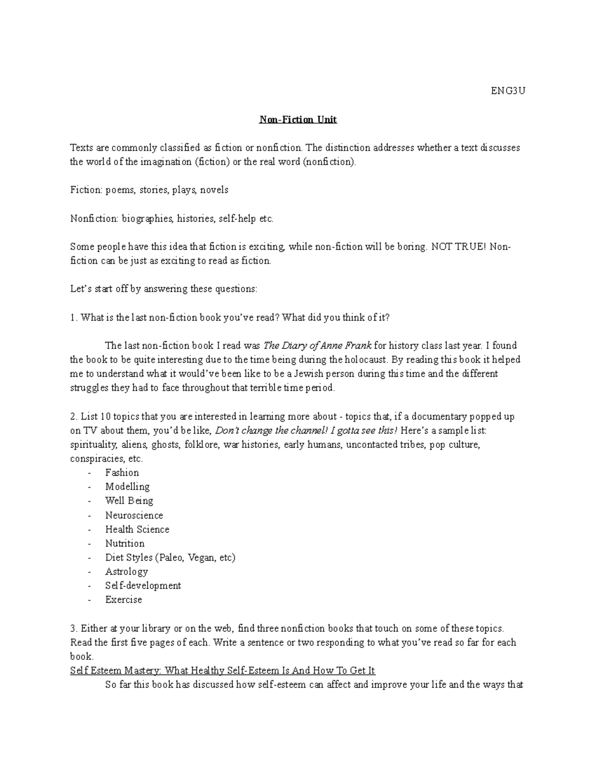 Non-Fiction Unit Overview - ENG3U - Studocu