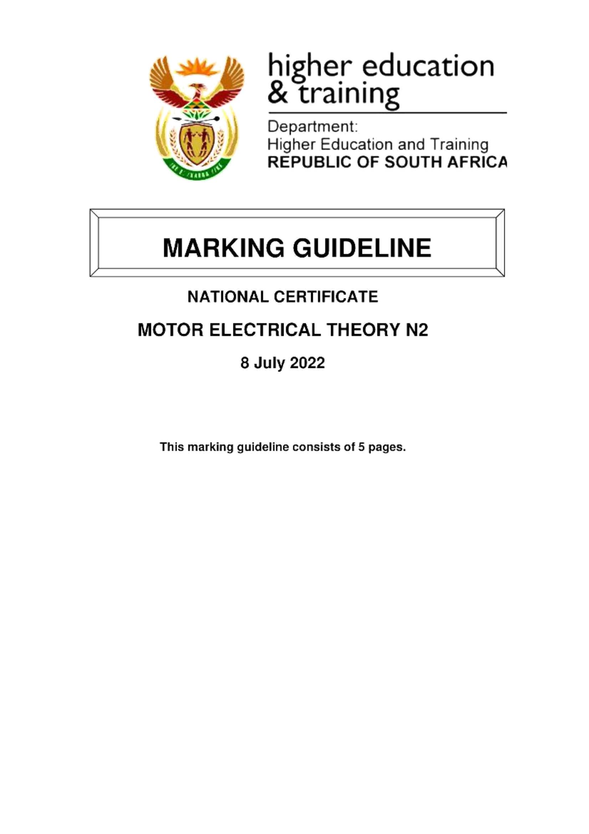 N2 Motor Electrical Theory Marking Guideline Memo - April 2022 - Studocu