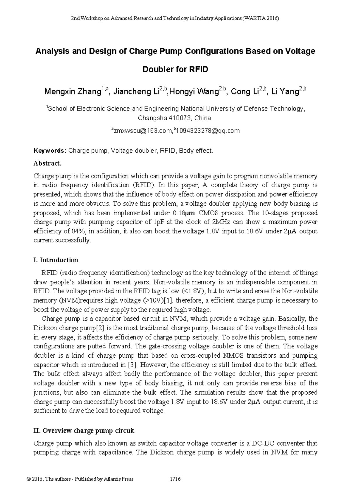 WARTIA 2016: Analysis of Charge Pump Configurations for RFID - Studocu