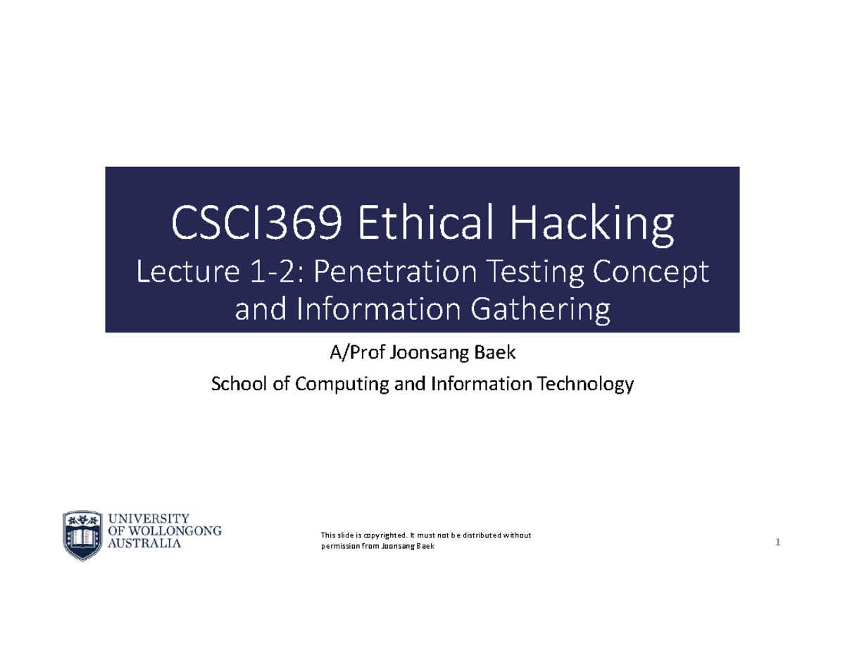 CSCI369 Ethical Hacking Lecture: Penetration Testing & Info Gathering ...