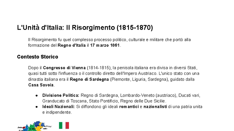 L'Unità d'Italia: Il Risorgimento (1815-1870) - Analisi Storica - Studocu