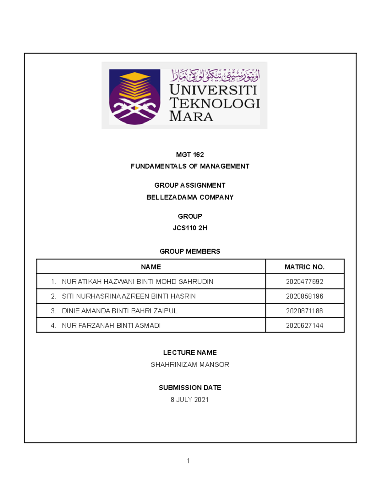 MGT 162 Final Group Assignment: BellezaDama Company Analysis - Studocu