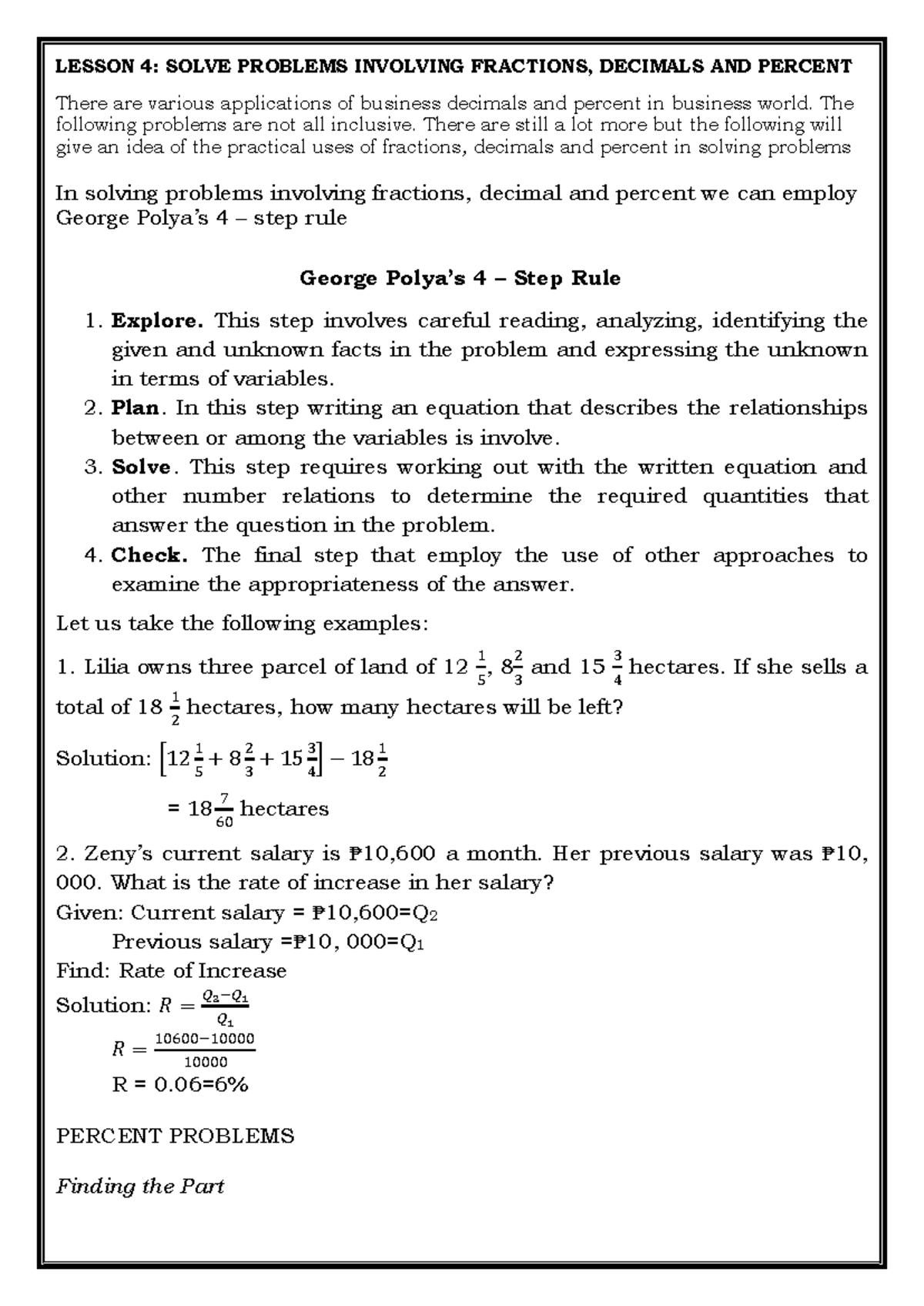Week 2 Lesson 4: Applications of Fractions, Decimals & Percent - Studocu