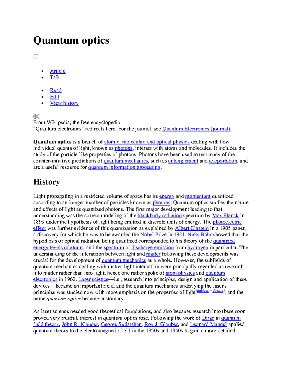 Quantum optics - Quantum optics Article Talk Read Edit View history ...