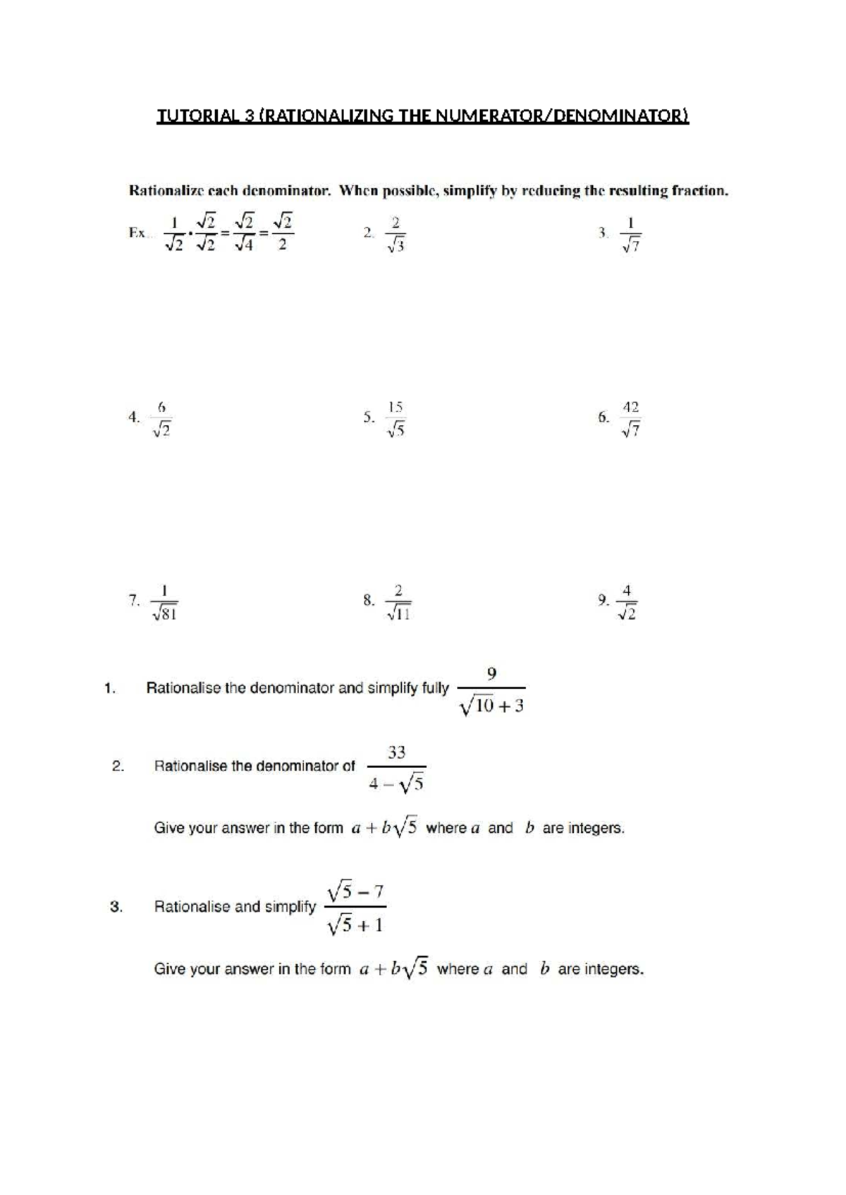 Tutorial 3: Rationalizing Denominators and Simplifying Fractions - Studocu