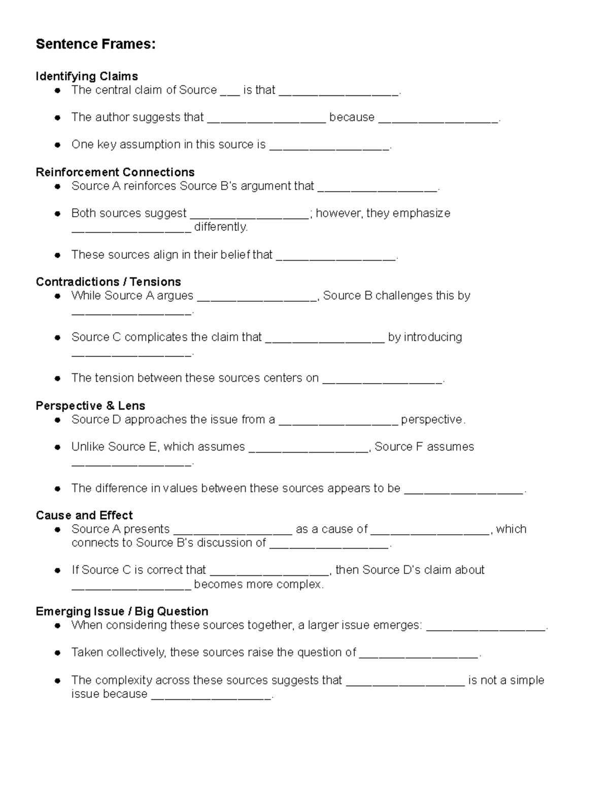 Sentence Frame Scaffold: Analyzing Claims and Connections - Studocu