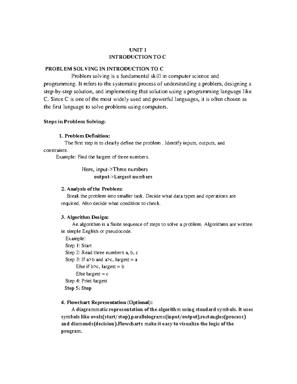C Programming (CS101) Unit 1: Intro to Problem Solving & Algorithms - Studocu