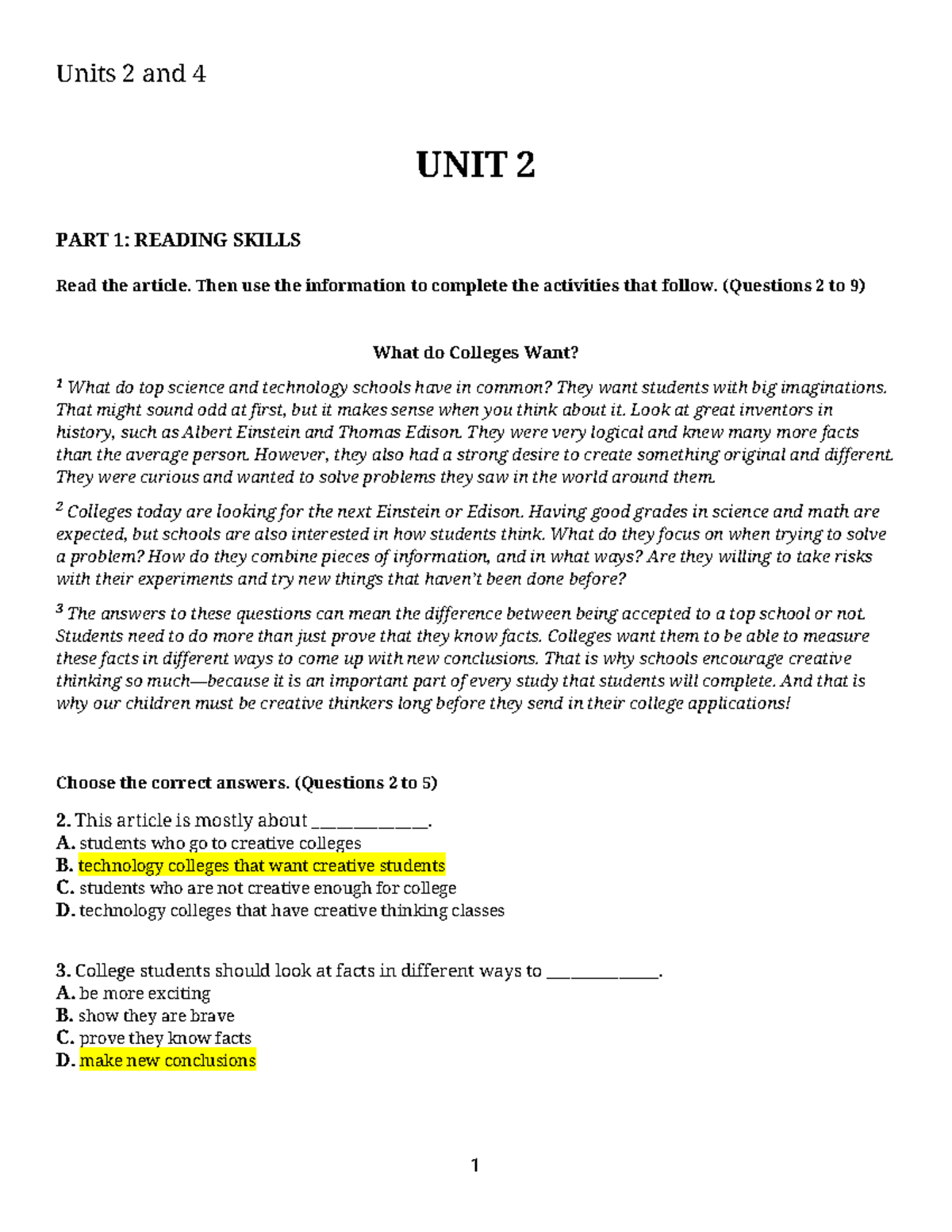 Reading Skills and Writing Exercise - Unit 2 & 4 Notes - Studocu