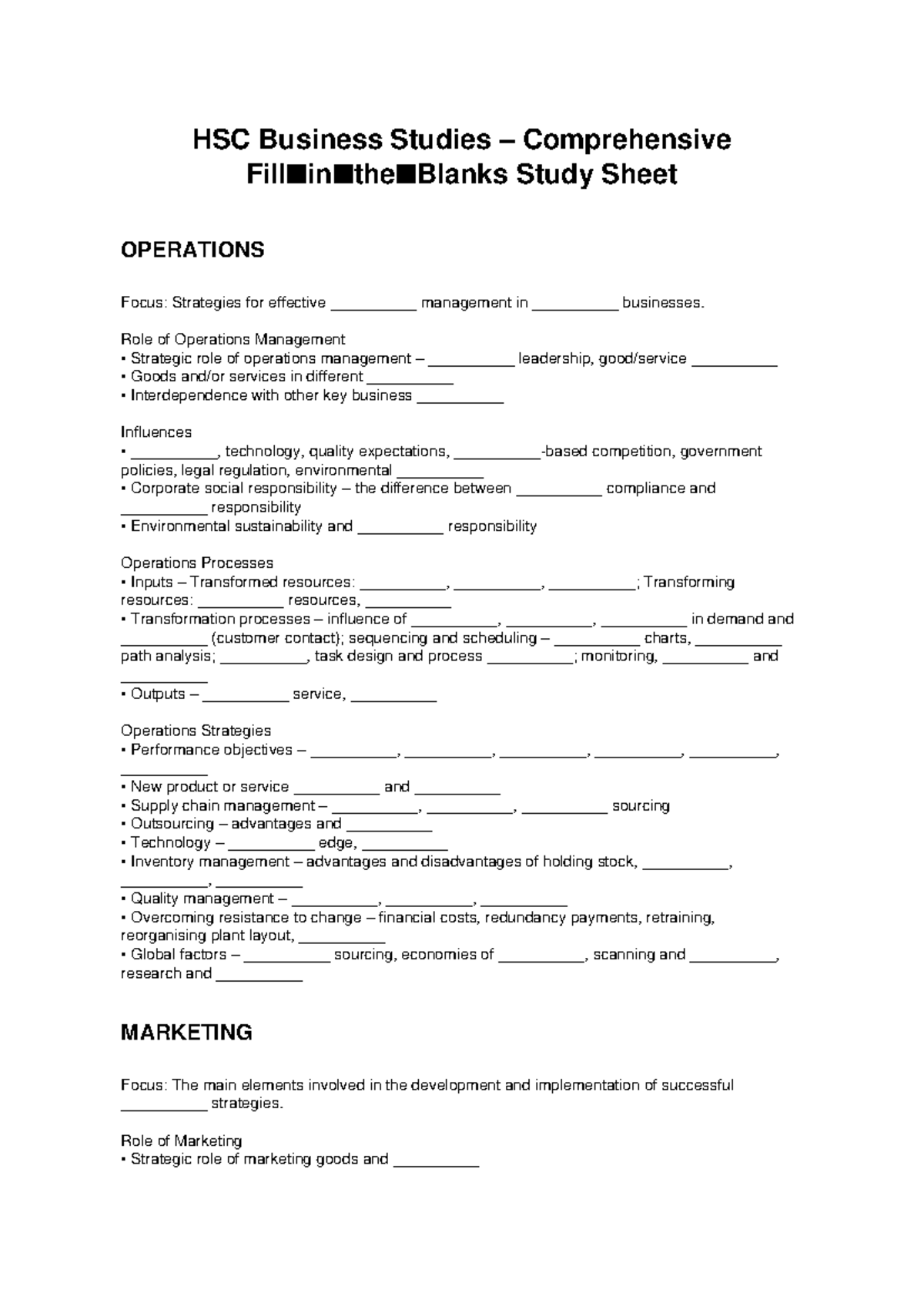 HSC Business Studies Comprehensive Fill-in-the-Blanks Study Guide - Studocu