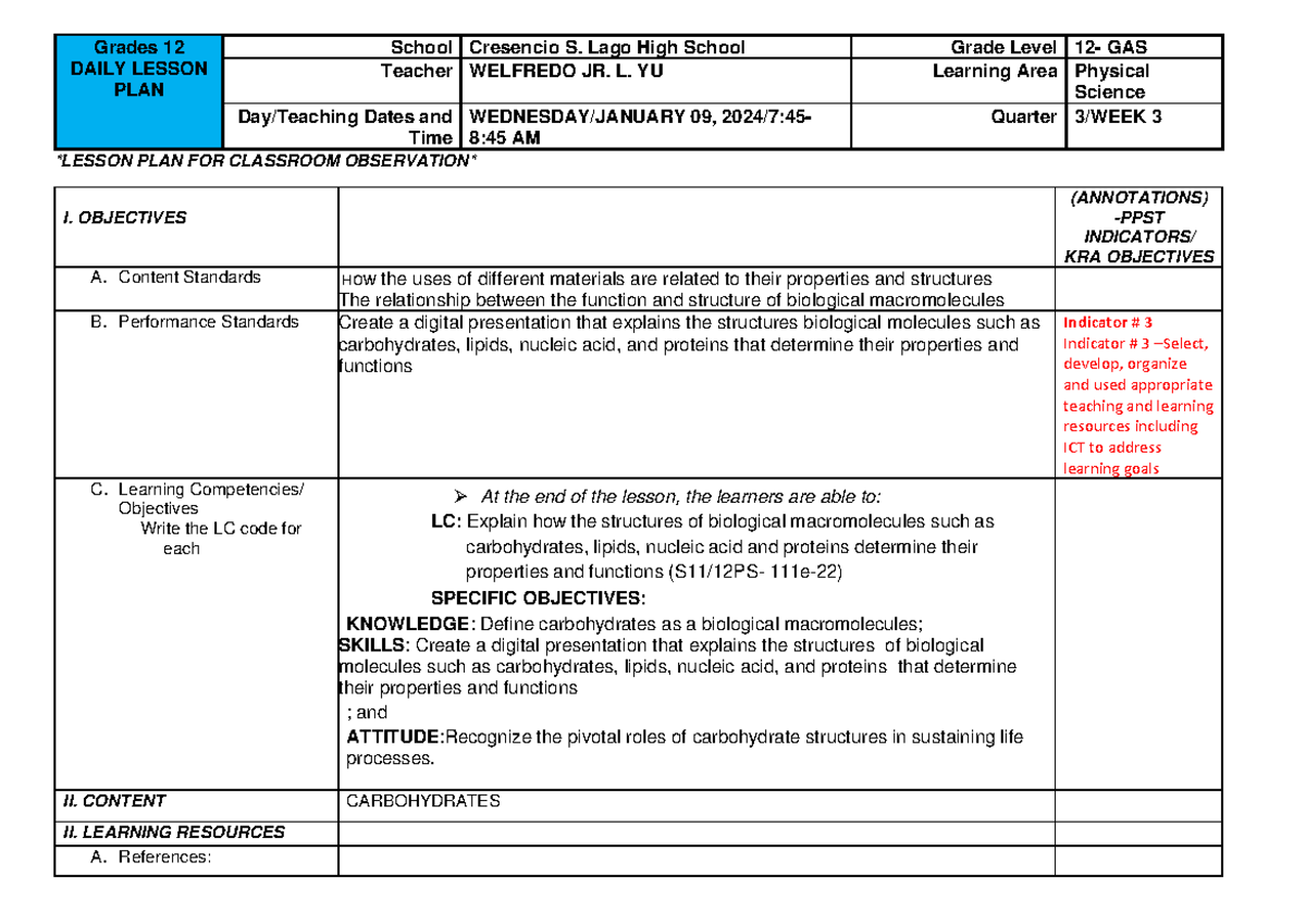 COT- Grade 12 Physical Science Lesson Plan on Carbohydrates - Q3 2023 ...