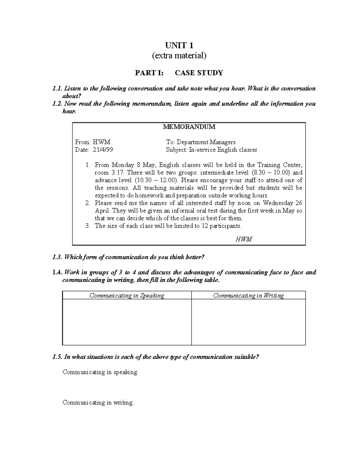 01 UNIT 1 - Case Study & Business Communication Homework - Studocu