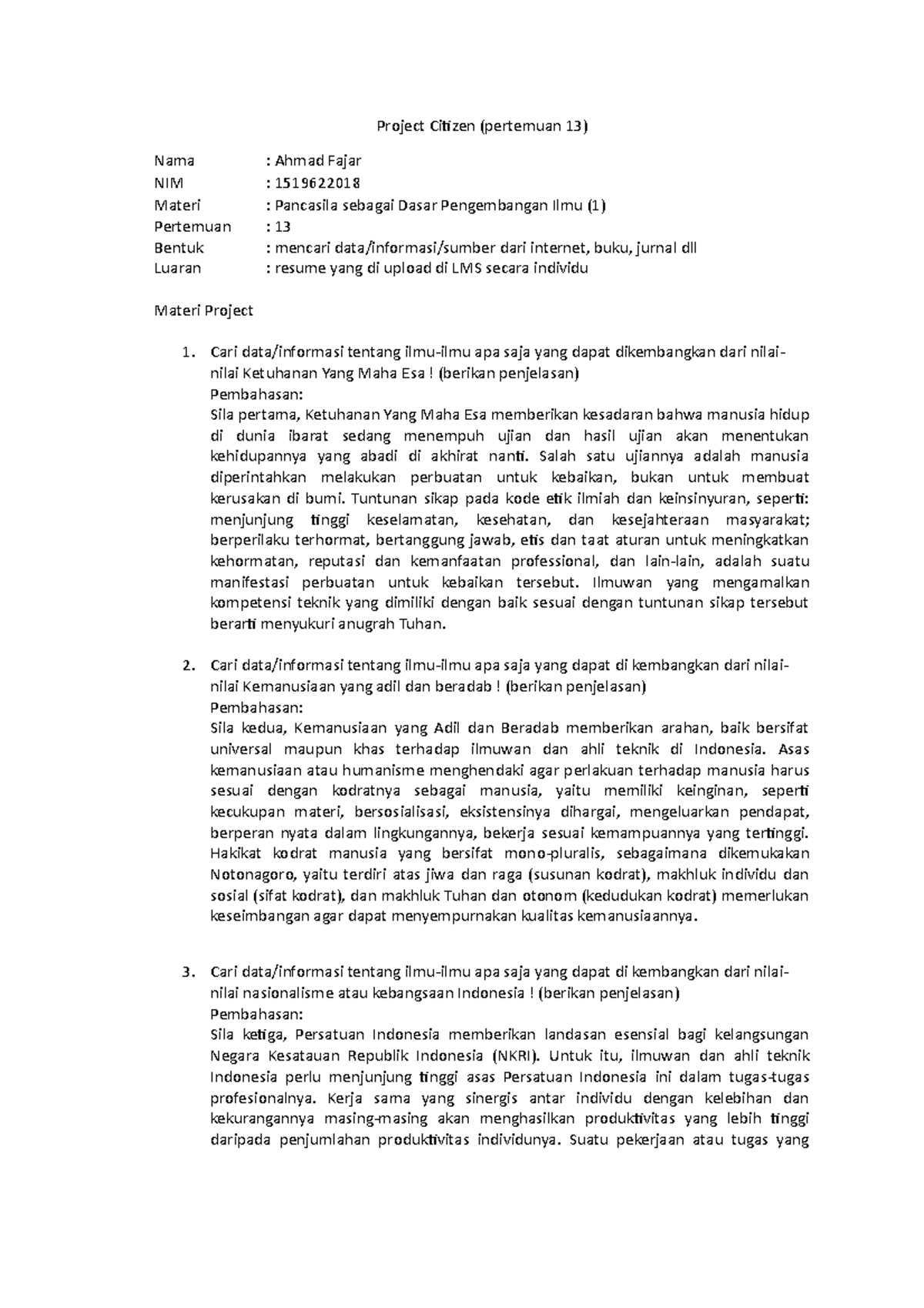 Projek Citizen 13: Pancasila sebagai Dasar Pengembangan Ilmu - Studocu