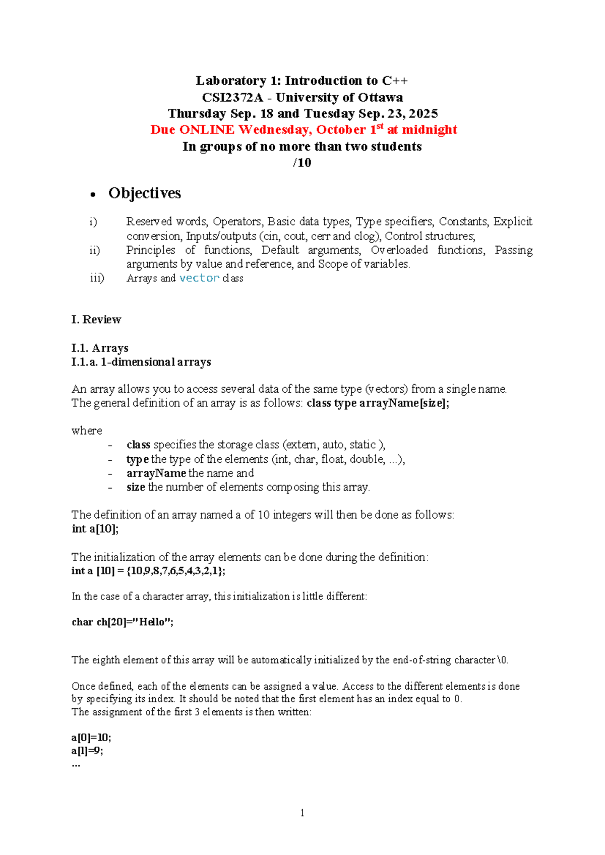 LAB1 CSI2372A: Intro to Arrays, Functions, and Sorting Algorithms - Studocu
