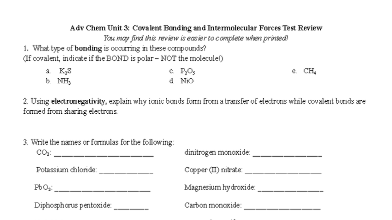 Adv Chem Unit 3: Covalent Bonding & Intermolecular Forces Test Review ...