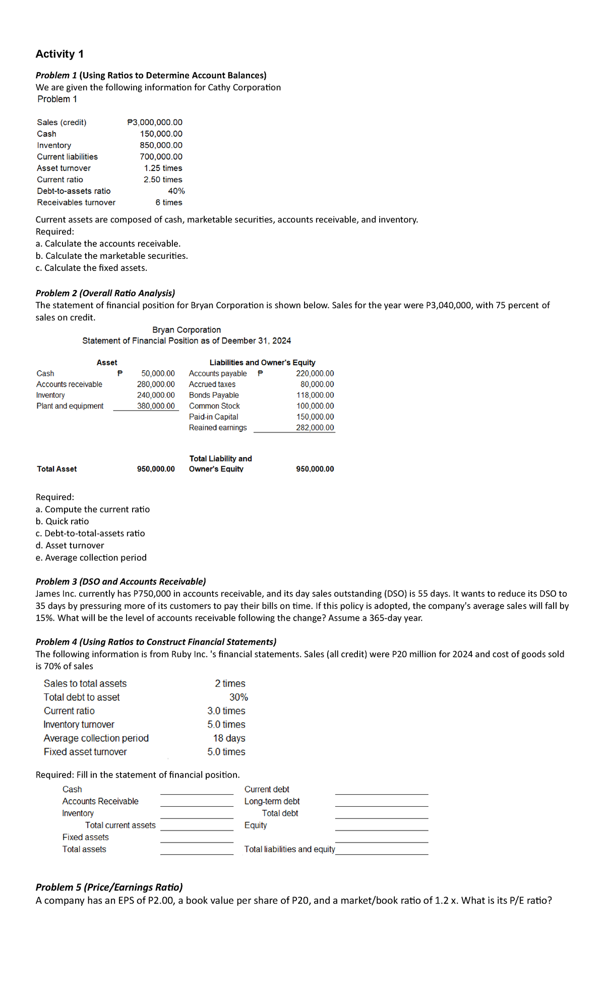Activity 1 FS Analysis: Ratios & Account Balances - Studocu