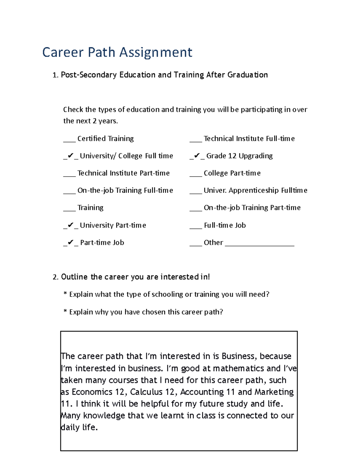 Career Path Assignment: Business & Financial Planning Post-Grad - Studocu