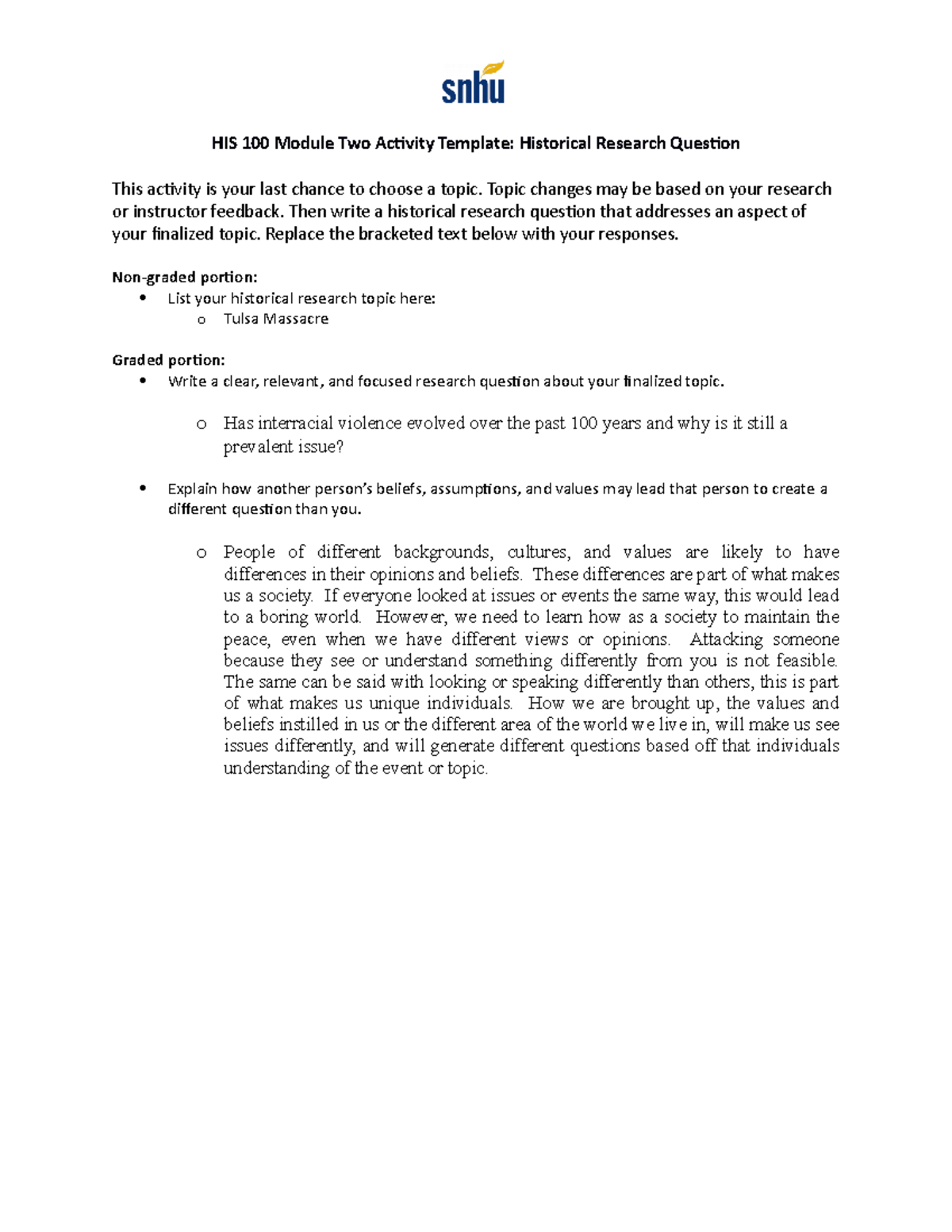 HIS 100 Historical Research Questions on Tulsa Massacre Insights - Studocu