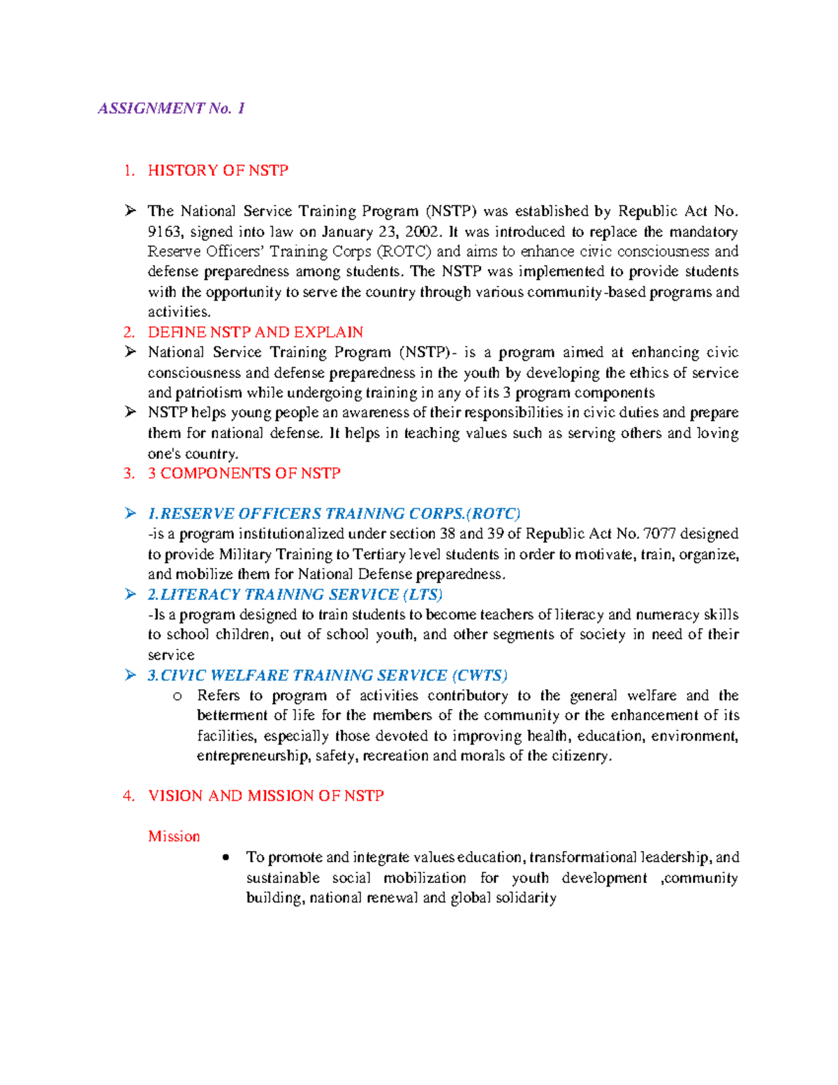 Assignment No 1 - all about NSTP - ASSIGNMENT No. 1 1. HISTORY OF NSTP The National Service ...