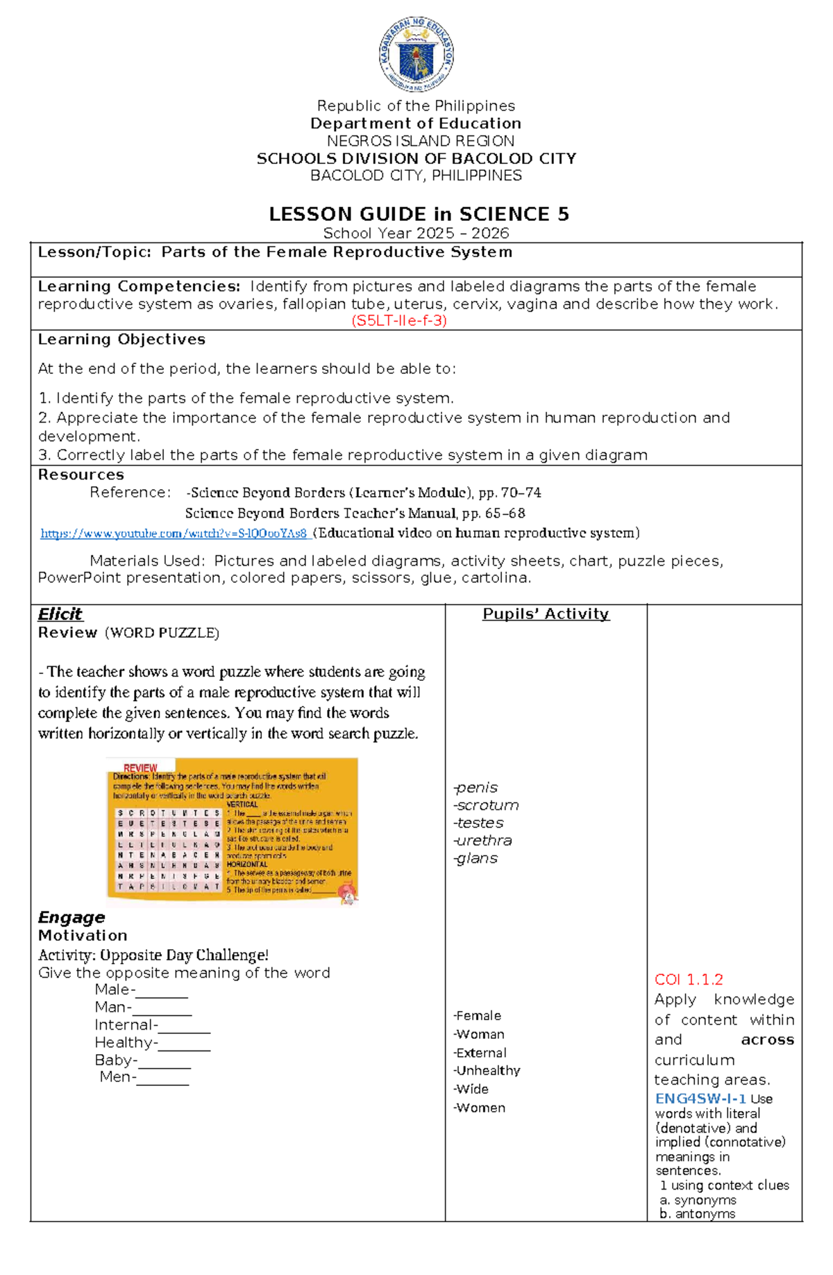 SCI 5 Lesson Guide: Understanding the Female Reproductive System - Studocu
