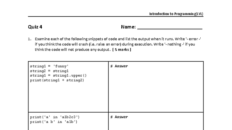 IS111 2019 T1 Quiz 4: Programming Code Snippets Analysis - Studocu