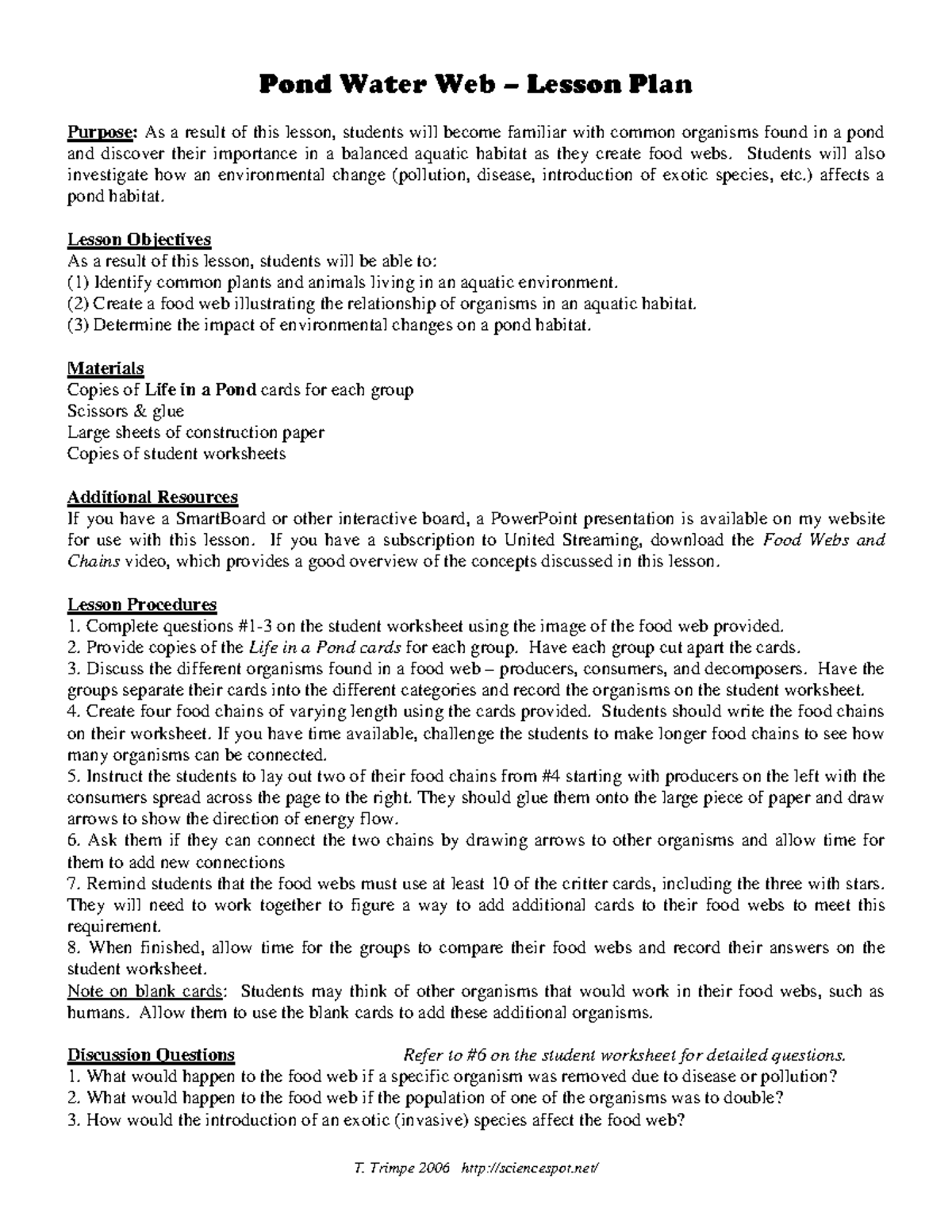 Pond Water Webs - Lesson Plan on Designing Aquatic Food Webs - Studocu