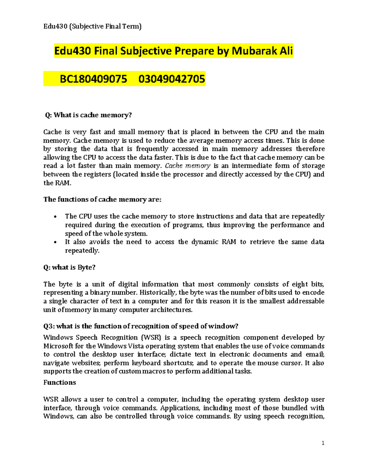 Edu430 Subjective Final Term - Edu430 Final Subjective Prepare by Mubarak Ali BC180409075 - Studocu