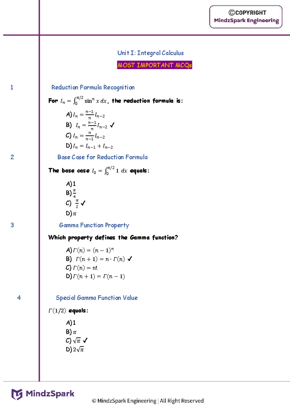 M2 Unit I: Integral Calculus Important MCQs with Solutions - Studocu