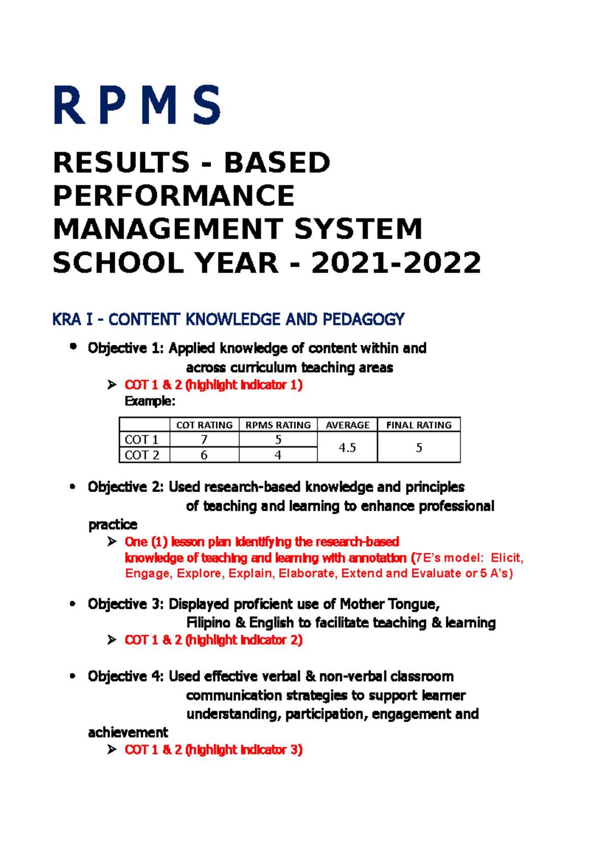 RPMS Checklist SY 2021 2022 - R P M S RESULTS - BASED PERFORMANCE ...