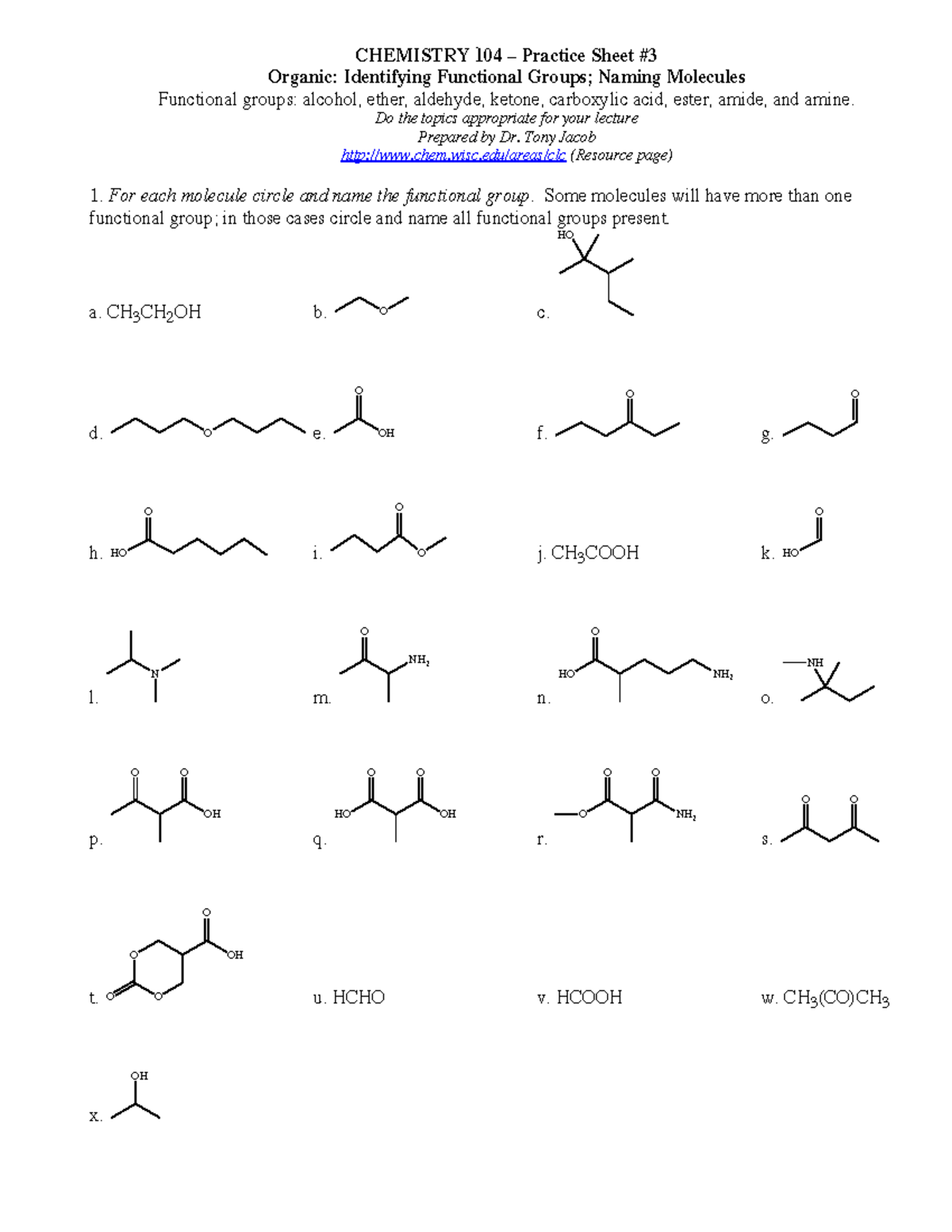 CHEMISTRY 104 Practice Sheet: Identifying Functional Groups in Organic ...