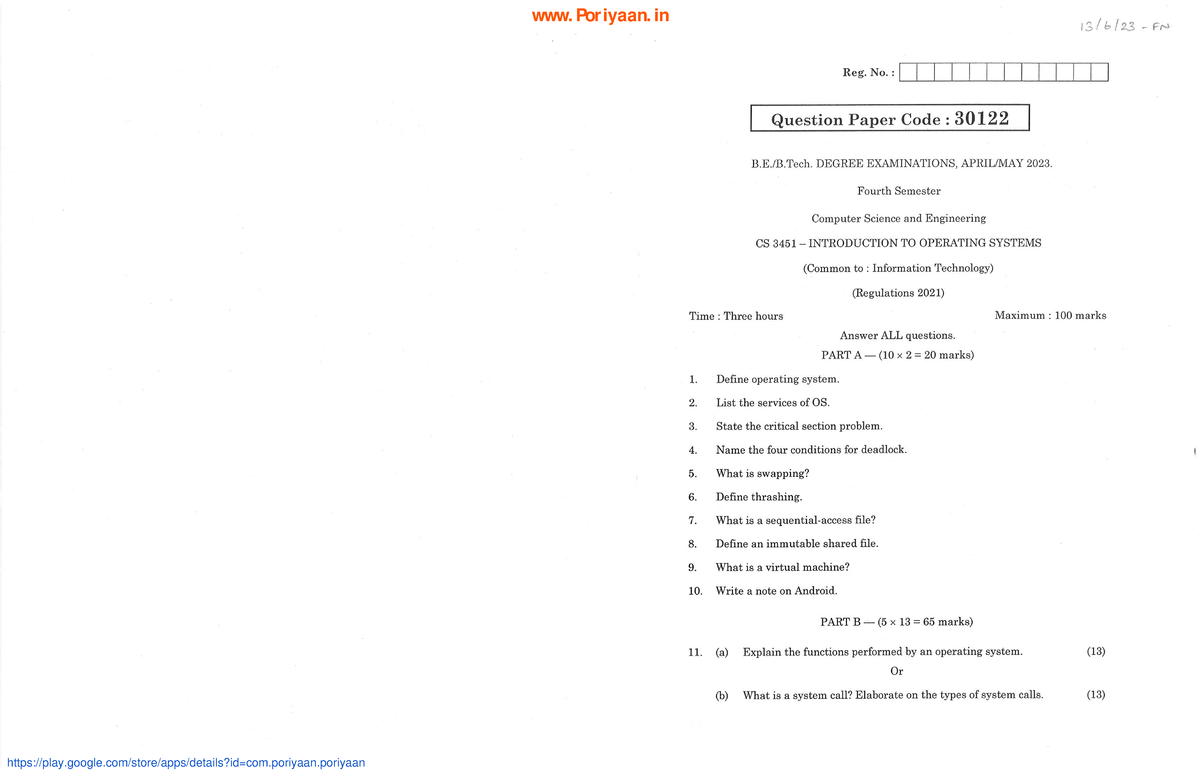 Introduction to Operating Systems - CS3451 2021 Regulation - Semester ...