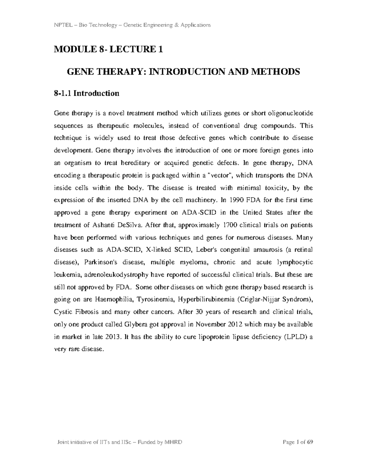 Gene Therapy Methods - Lecture 1 Notes - Module 8 - Studocu