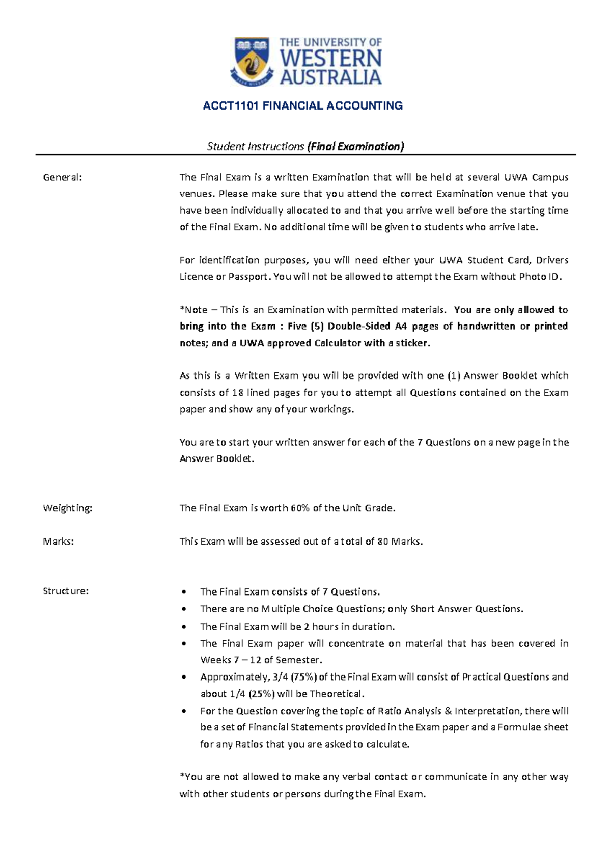 ACCT1101 Final Exam Instructions for Students (2025) - Studocu