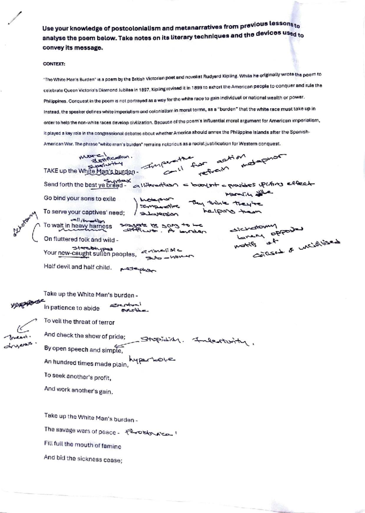 Analysis of "White Man's Burden" Poem - Postcolonialism ...