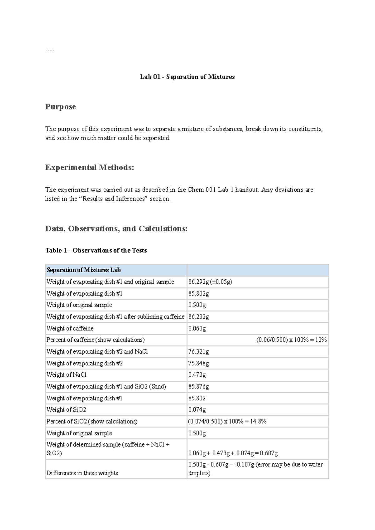 Chem 1 Lab - Separation of Mixtures - Lab 01 - Separation of Mixtures ...