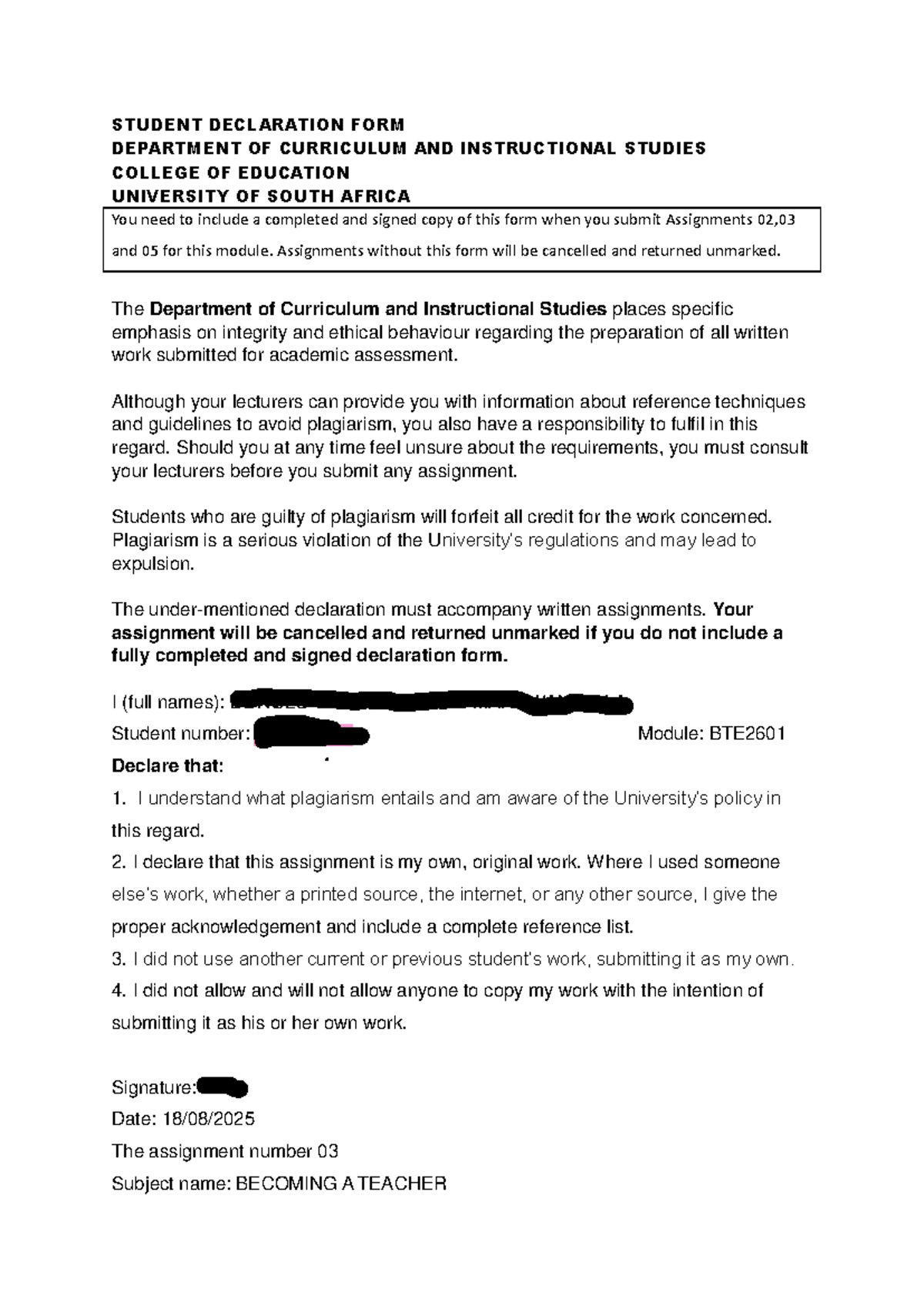 BTE2601 Student Declaration Form for Assignment Submission - Studocu